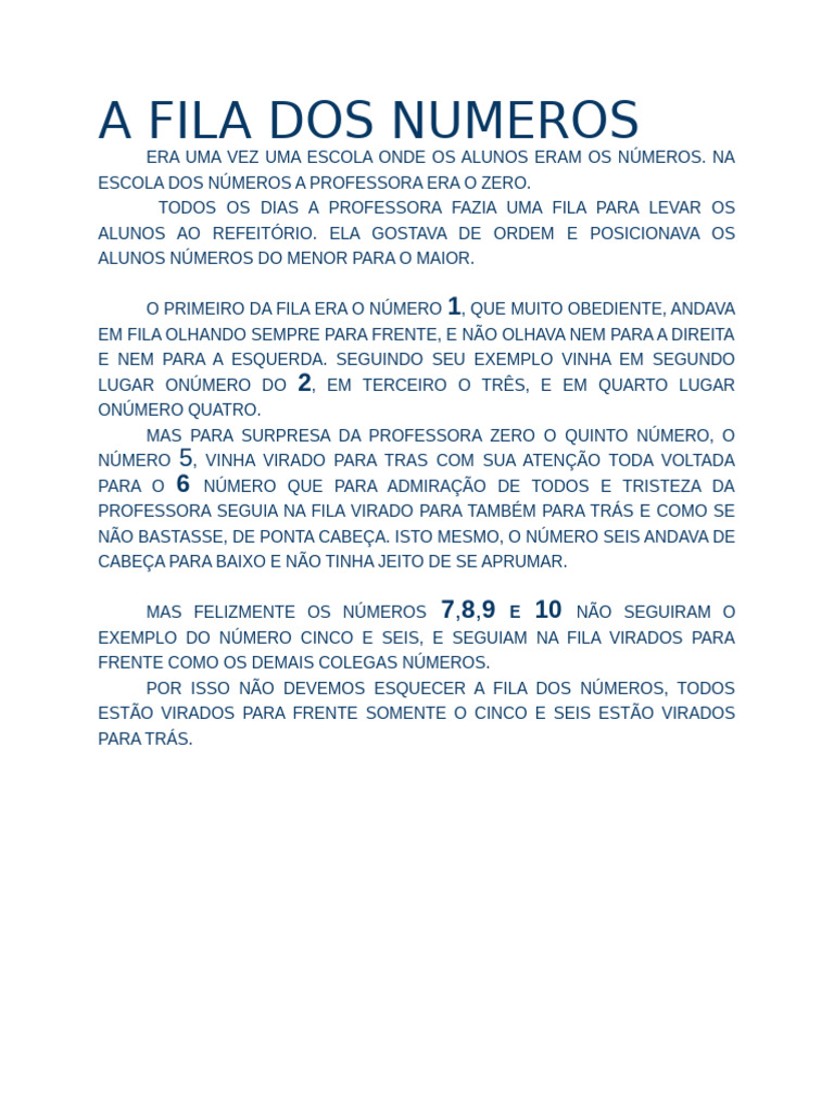 A Fila dos Números na Escola | PDF