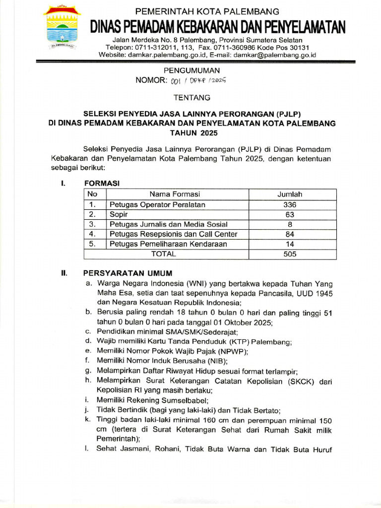 Rekrutmen PJLP Damkar Palembang 2025 | PDF