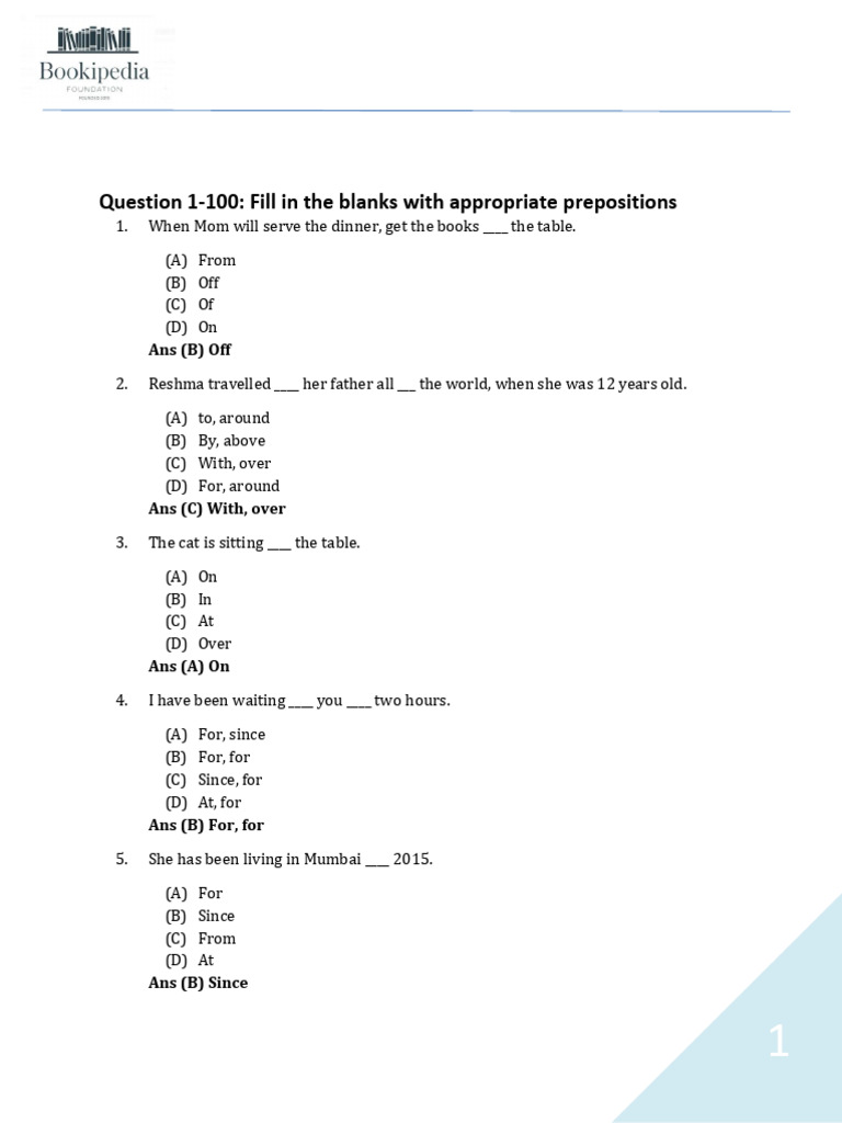 100 MCQs On Prepositions (Fill in The Blanks) | PDF