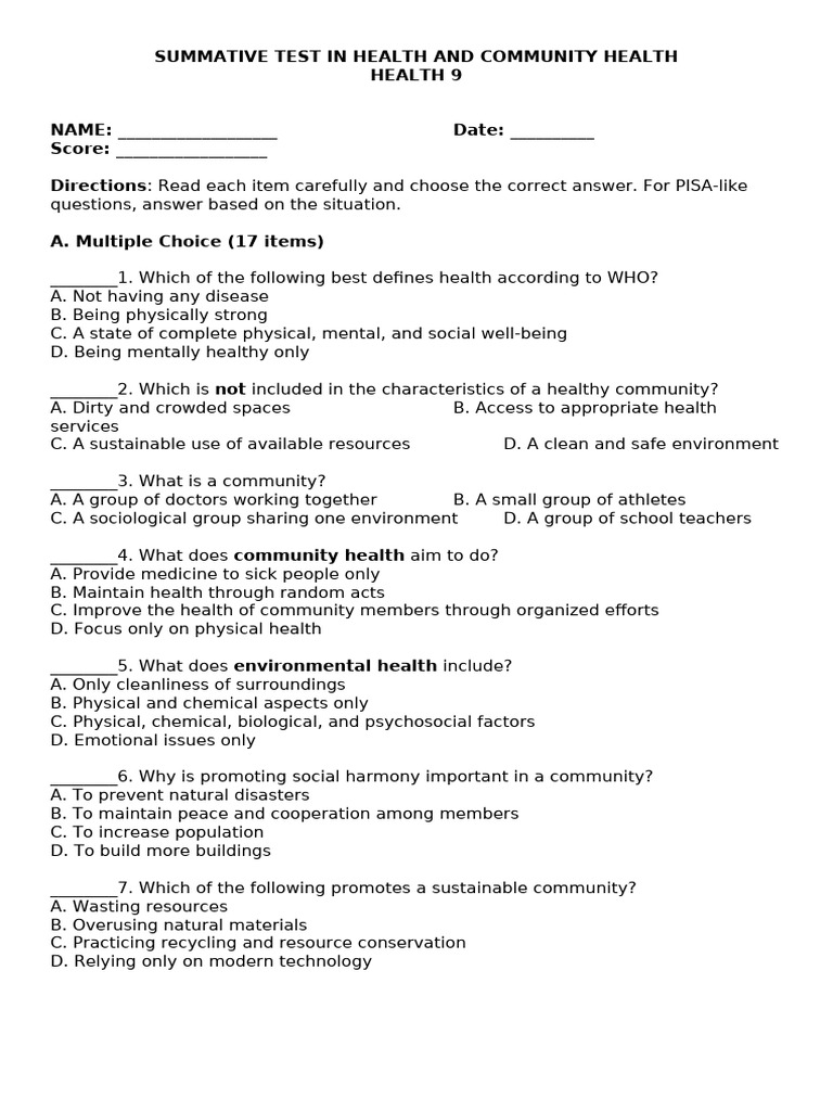 Summative Test in Health and Community Health 9 | PDF