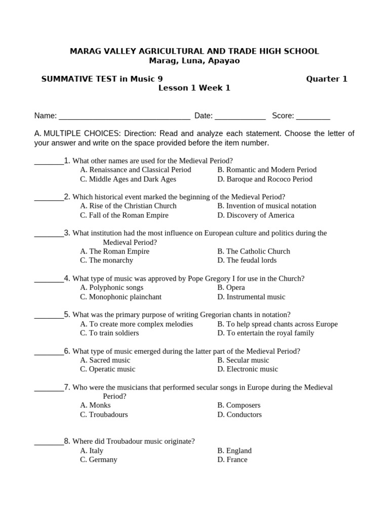 Music 9 Summative Test: Medieval Period | PDF | Musicology | Performing ...