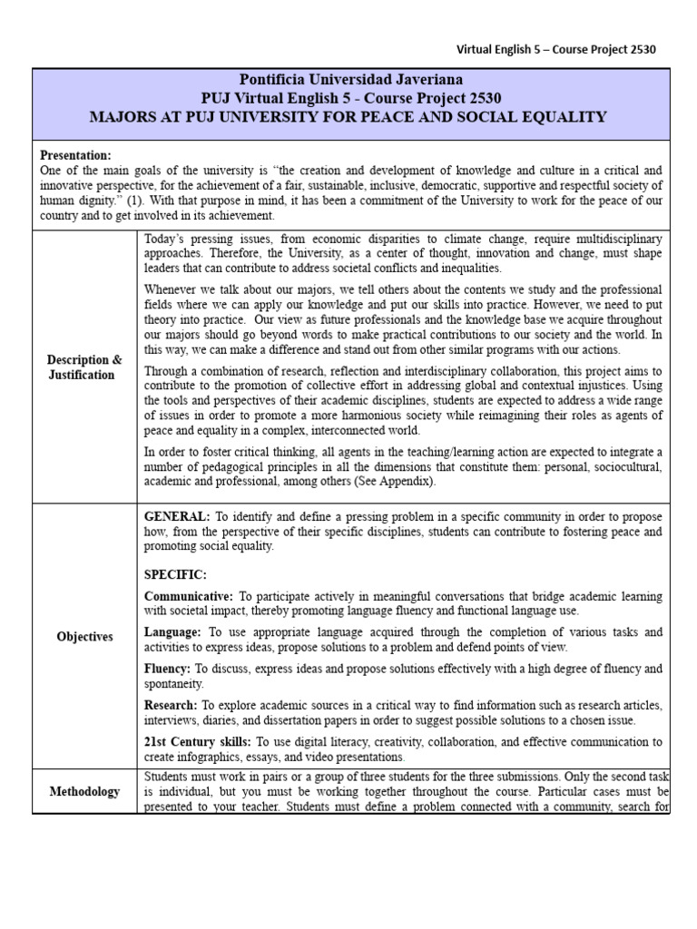 PUJ Virtual English 5 Course Project Guide | PDF