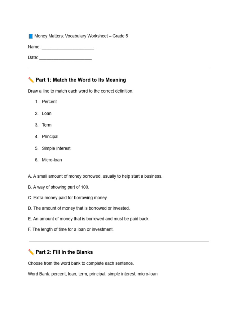 Grade 5 Money Vocabulary Worksheet | PDF