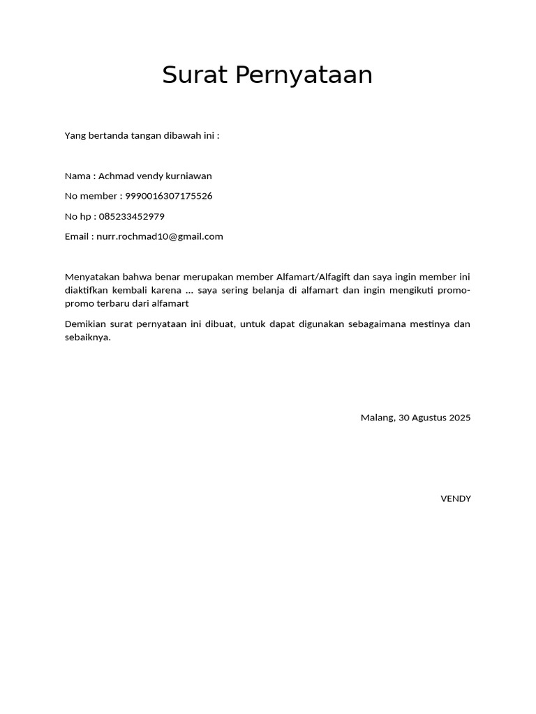 Surat Pernyataan Buka Blokir Member | PDF