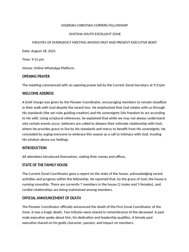Emergency Meeting Minutes: Nigerian Christian Corpers | PDF