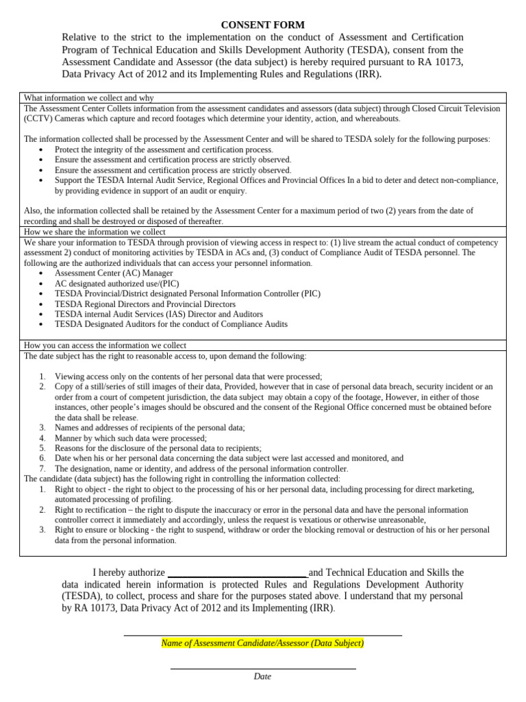 TESDA CCTV Consent Form | PDF | Closed Circuit Television | Audit
