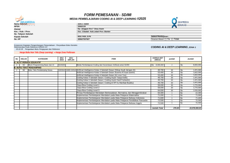 Daftar Harga Buku Coding Ai SDN.1 Asem | PDF