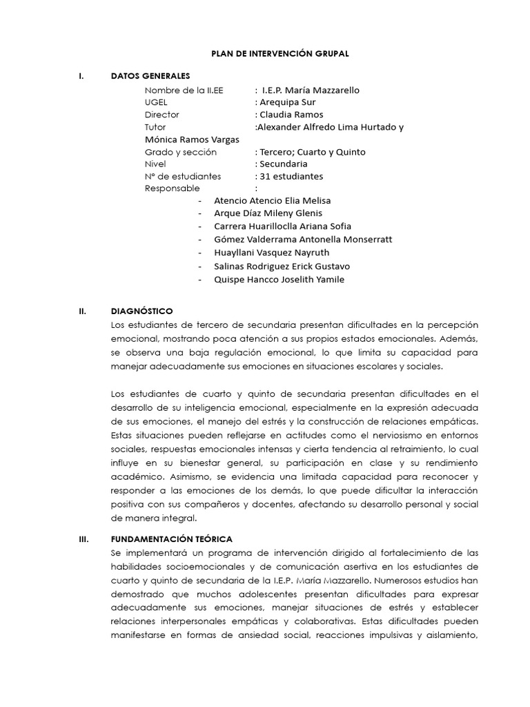 Plan de Intervencion Grupal Corregido | PDF | Las emociones ...