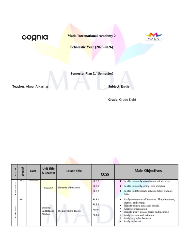 8th Grade English Semester Plan 2025-2026 | PDF | Narrative | Linguistics