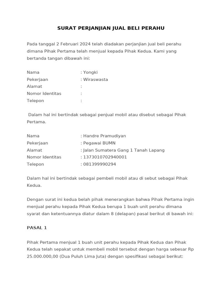Surat Perjanjian Jual Beli Perahu | PDF