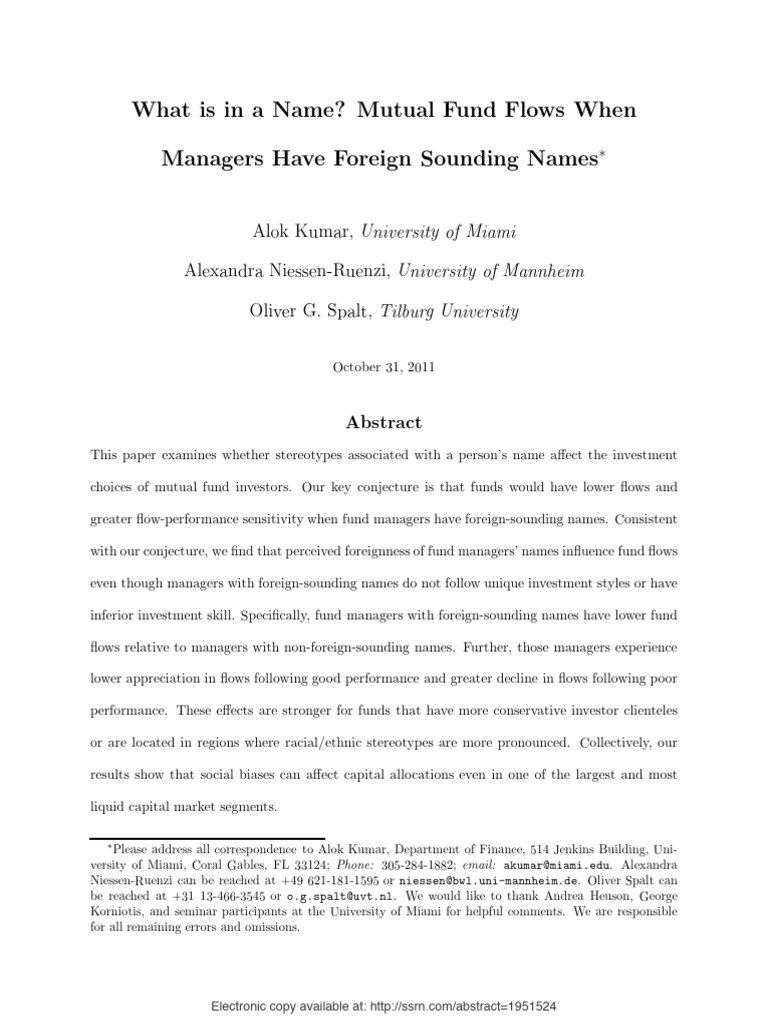 Kumar Et Al - What is in a Name-Mutual Fund Flows When Managers Have Foreign Sounding Names ...