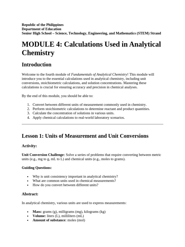 Module 4 Analytical Chemistry | PDF | Stoichiometry | Mole (Unit)