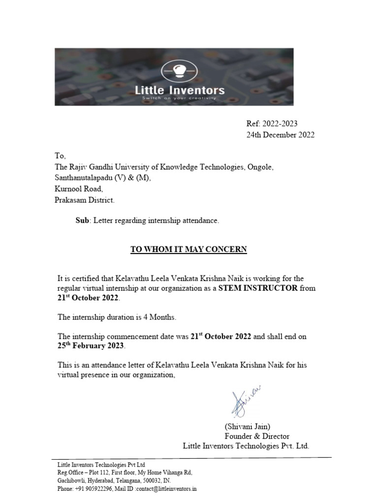 Attendance Letter - Leela Venkata Krishna Naik | PDF