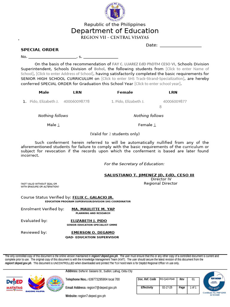 QAD F049 Special Order Template With LRN | PDF