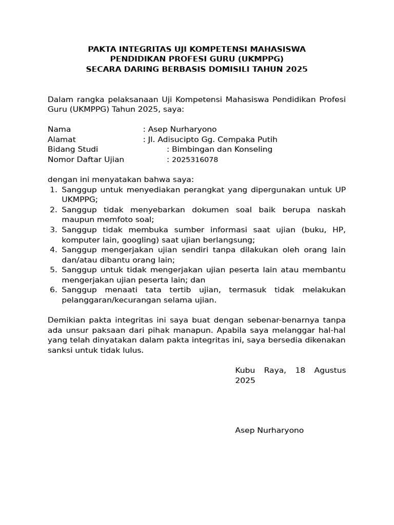 Pakta Integritas Uji Kompetensi Mahasiswa Asep | PDF