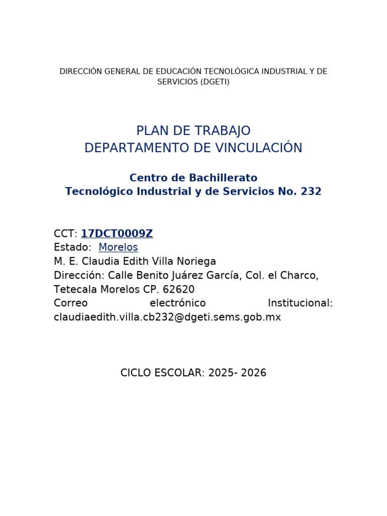 Plan de Trabajo DGETI CBTis 232 2025-2026 | PDF | Institución ...