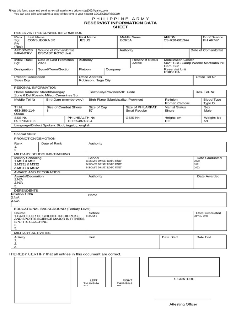 Philippine Army Reservist Data Sheet | PDF | Military Units And Formations