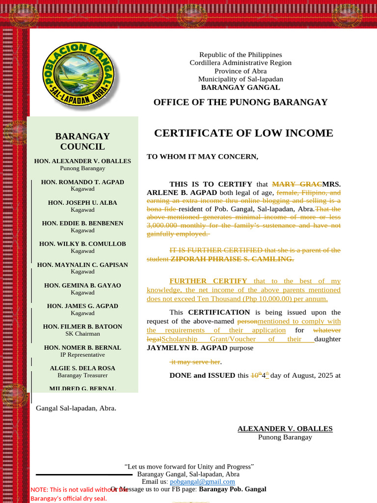 Barangay Certificate of Low Income Final | PDF