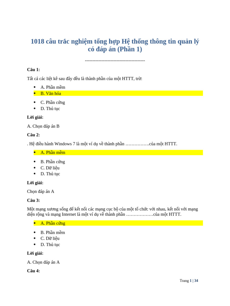1018 Cau Trac Nghiem Tong Hop He Thong Thong Tin Quan Ly Co Dap An Phan ...
