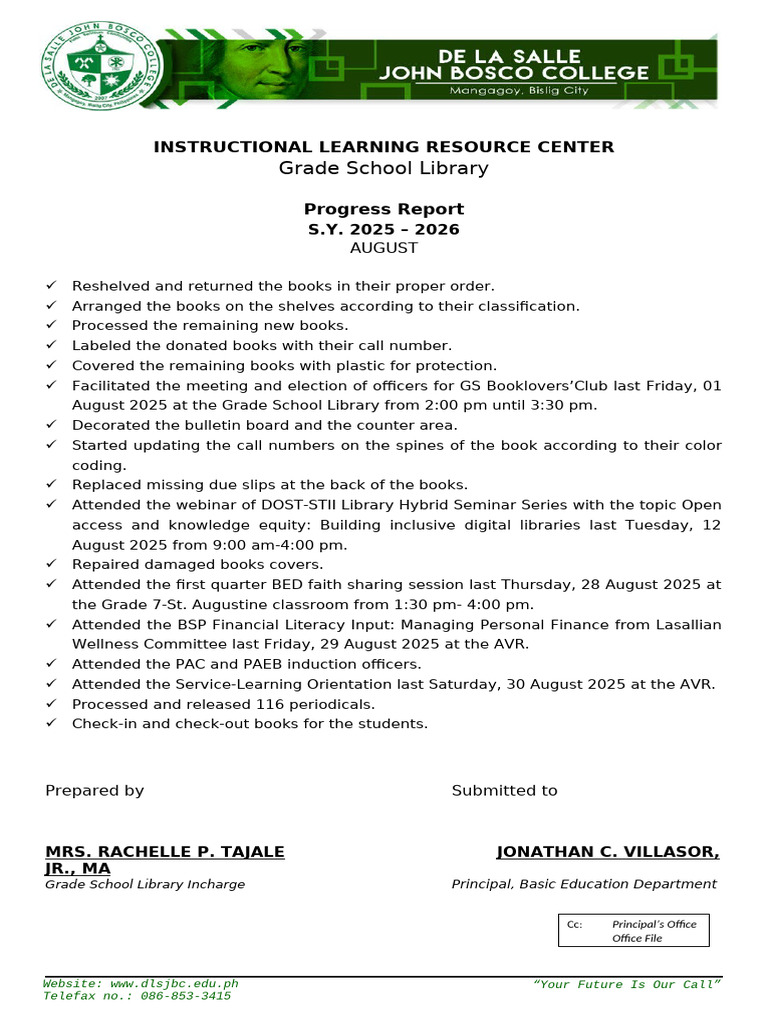 Grade School Library Progress Report 2025 | PDF