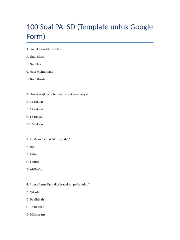 100 Soal PAI SD untuk Google Form | PDF