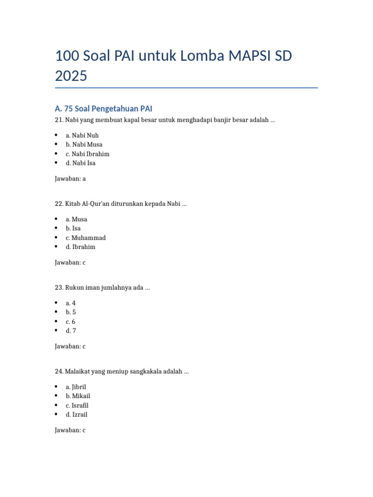 100 Soal PAI Lomba MAPSI SD 2025 | PDF