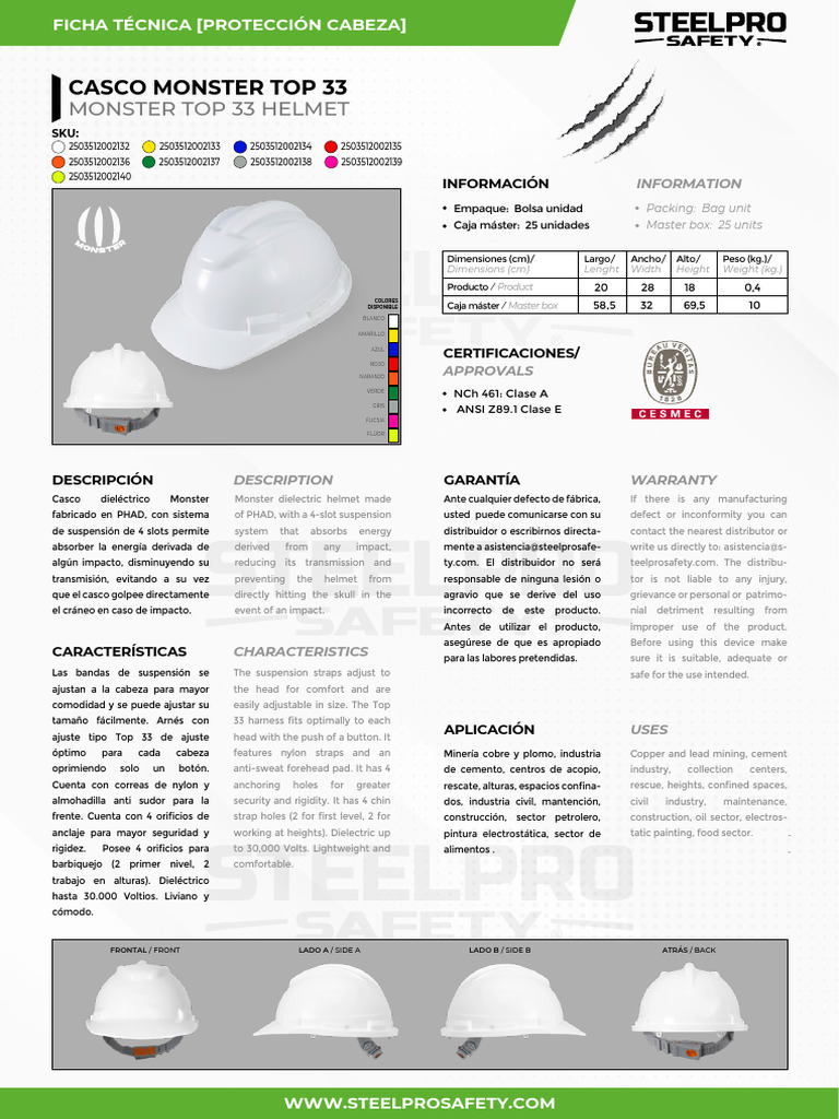 FT Casco Monster Top 33 Steelpro | PDF | Materiales | Sector secundario de la economía