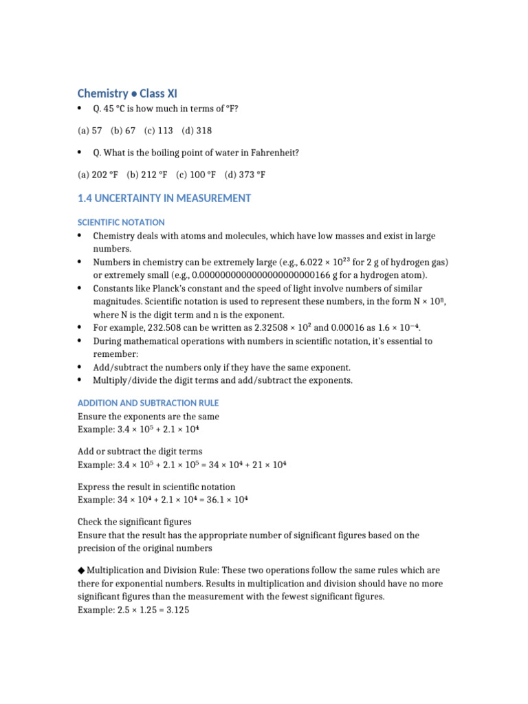 Chemistry Class XI: Measurement & Notation | PDF | Significant Figures ...