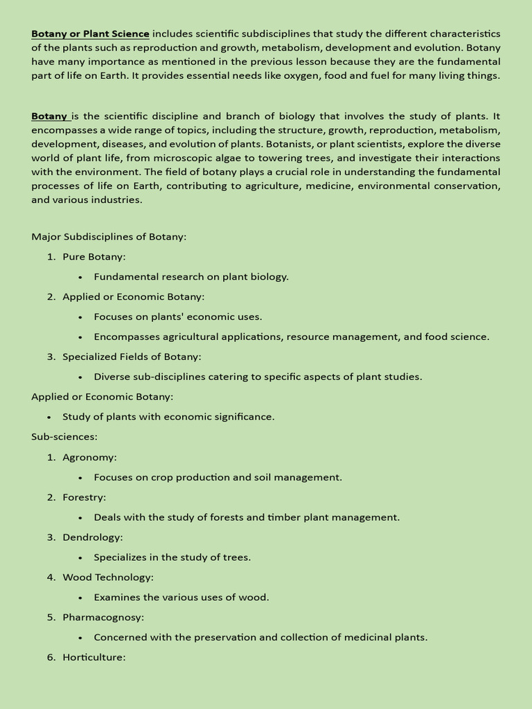 Botany or Plant Science Includes Scientific Subdisciplines That Study ...