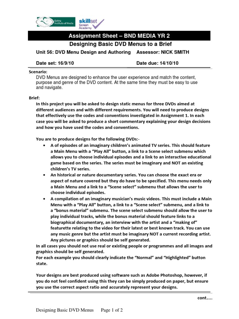 Designing Basic DVD Menus To A Brief: Assignment Sheet - BND MEDIA YR 2 ...