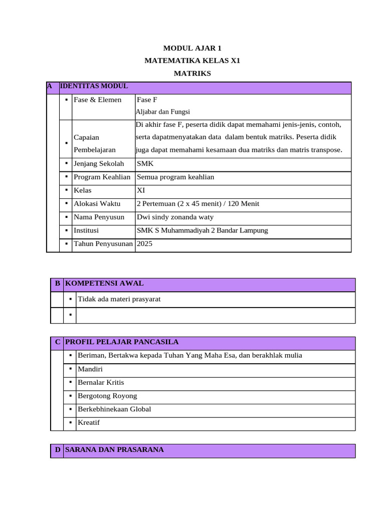 Modul Ajar Matriks untuk Kelas XI SMK | PDF