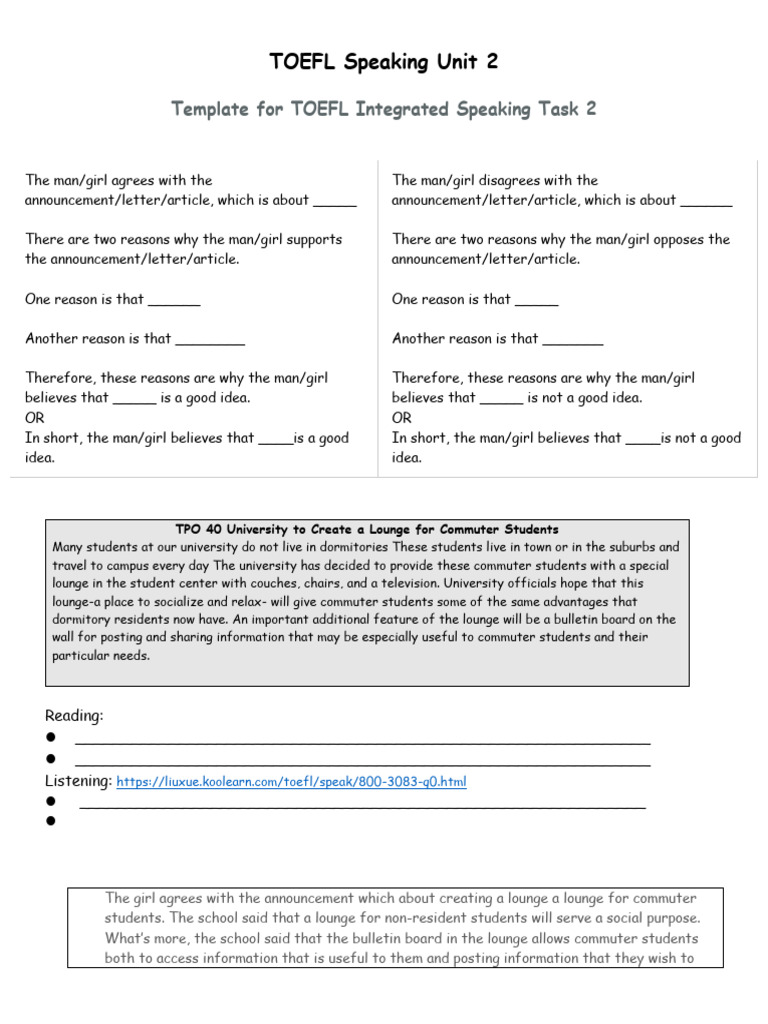 Toefl Speaking Task 2 Templates Pdf Cognition