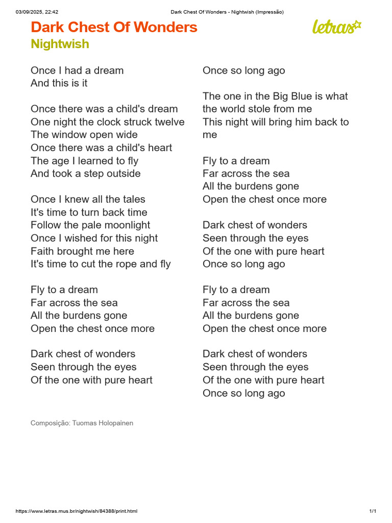 Dark Chest of Wonders - Nightwish (Impressão) | PDF