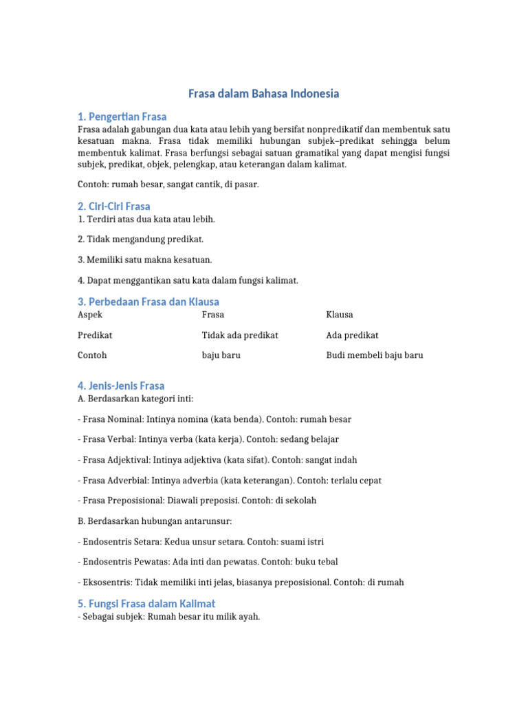 Pengertian dan Jenis Frasa Bahasa Indonesia | PDF