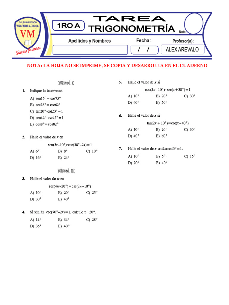 Trigonometría - Propiedades de Las R.T. - 1ro A | PDF