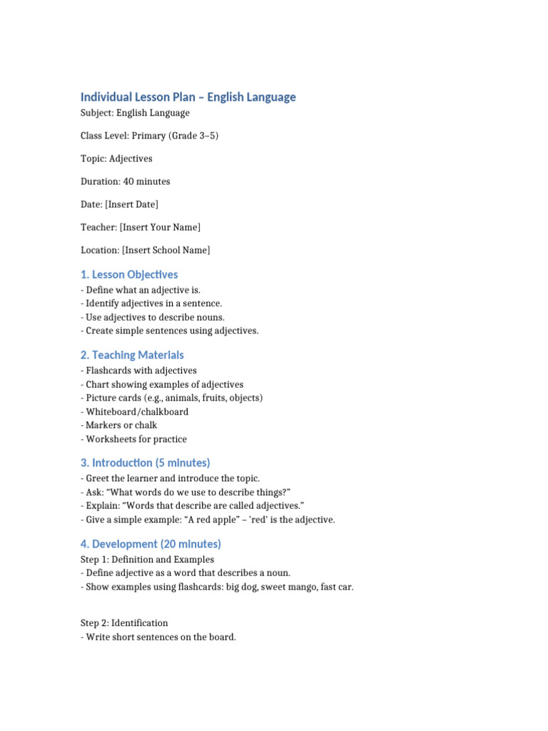 Individual Lesson Plan Adjectives | PDF