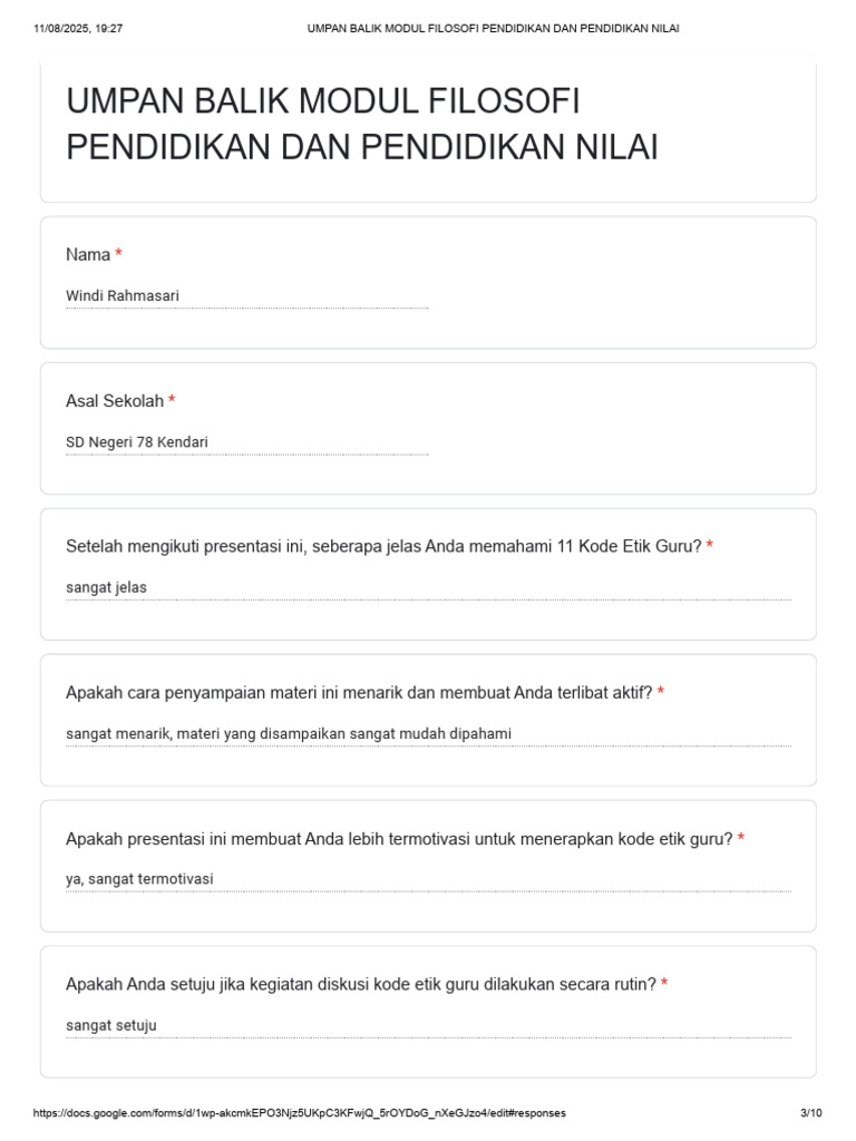 Umpan Balik Modul Filosofi Pendidikan Dan Pendidikan Nilai - Google Forms-3 | PDF