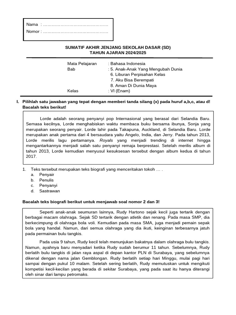 3. SOAL SAJ BAHASA INDONESIA KELAS 6 2024-2025 | PDF