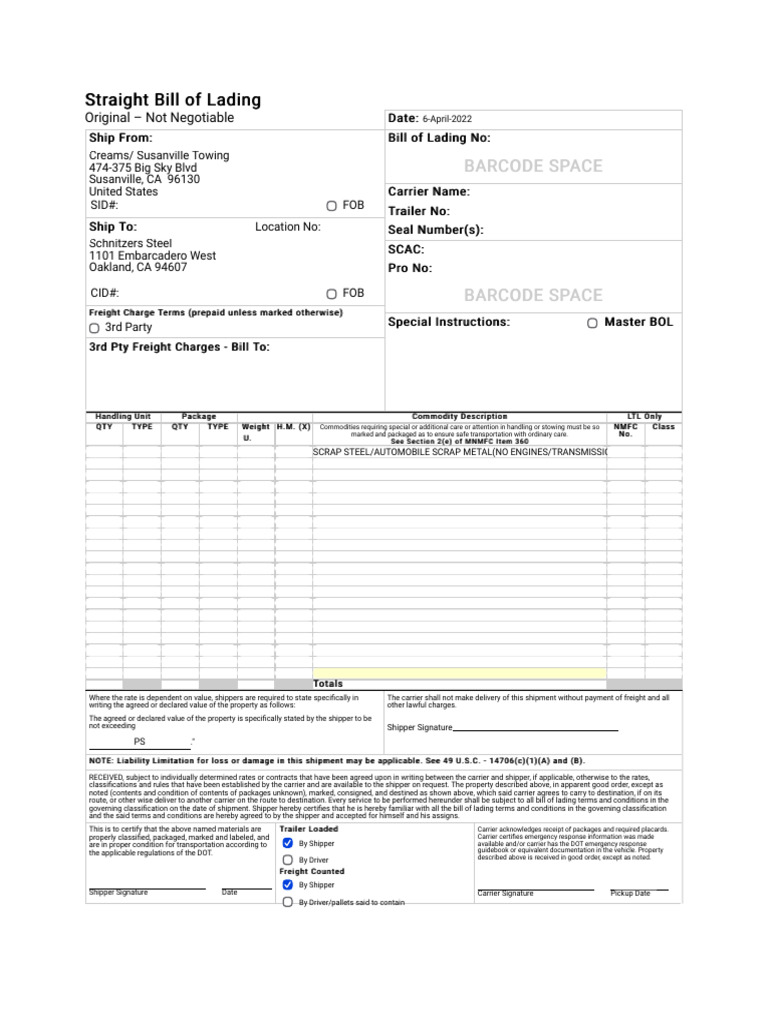 Straight Bill of Lading Template PDF | PDF | Cargo | Bill Of Lading