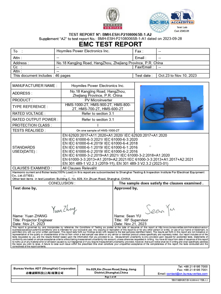 EMC Test Report for Hoymiles PV Microinverter | PDF | Electromagnetic ...