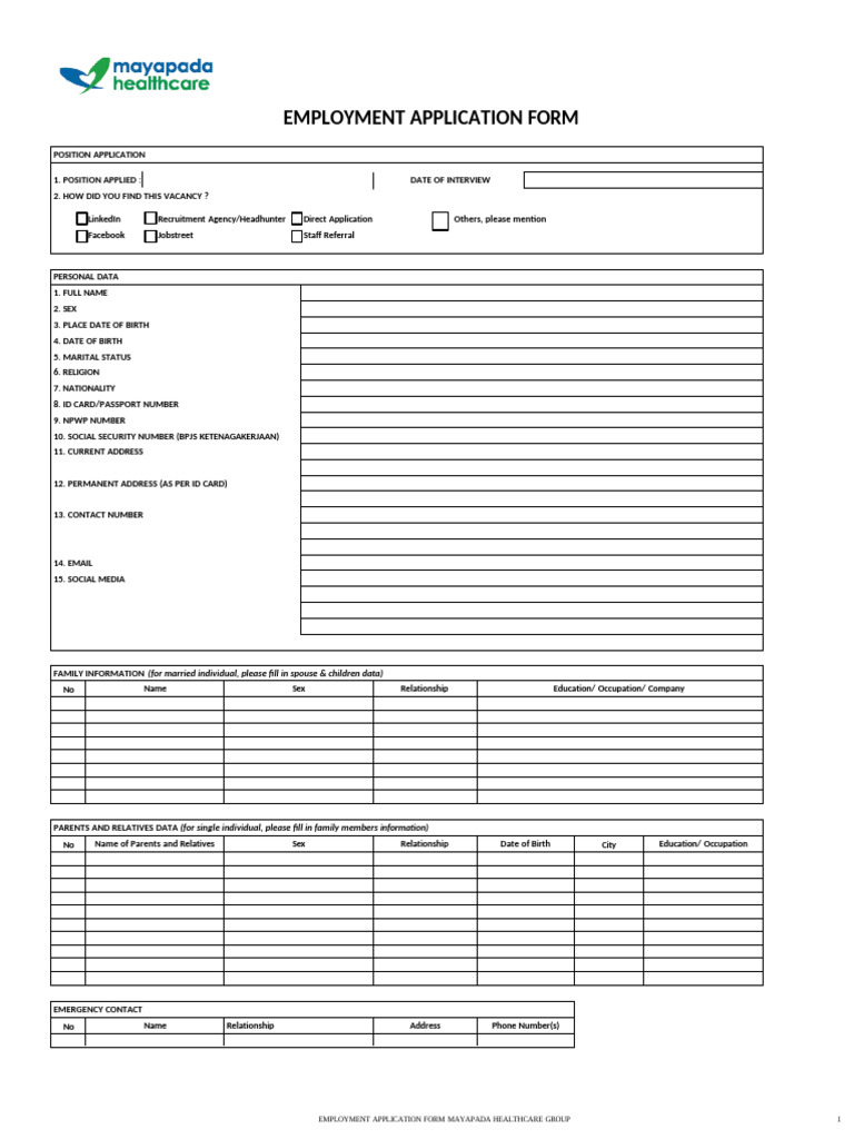 Mayapada Healthcare Employment Application Form | PDF | Employment ...