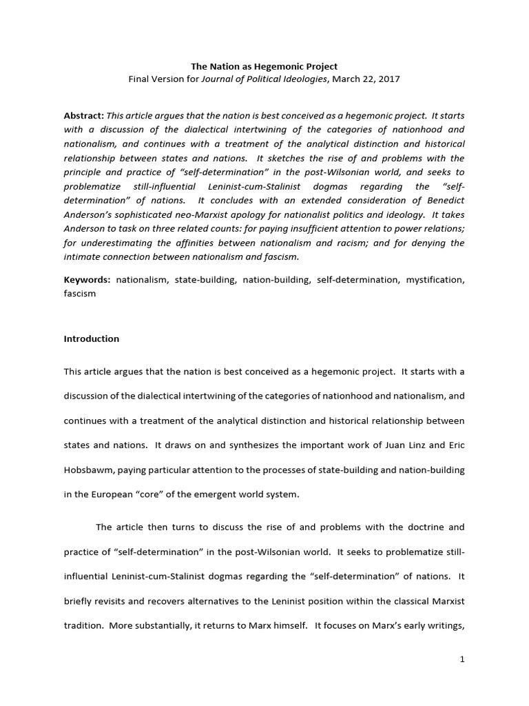 Nationhood as Hegemonic Project Analysis | PDF | Nationalism | Karl Marx