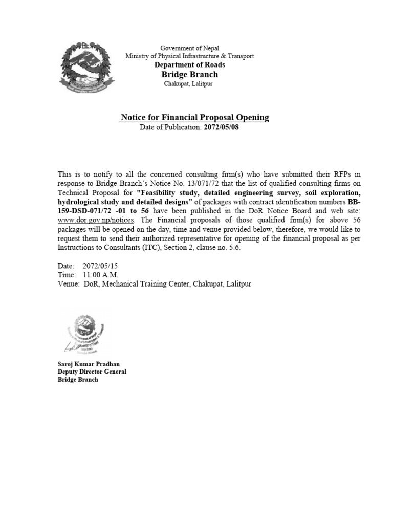 Notice-Financial Opening RFP 13 - 071 - 72 - Bridge Branch | PDF ...