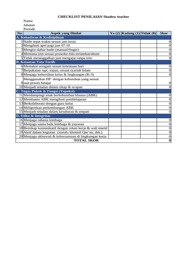 Checklist_Penilaian_PTK_TK_ELPIST | PDF