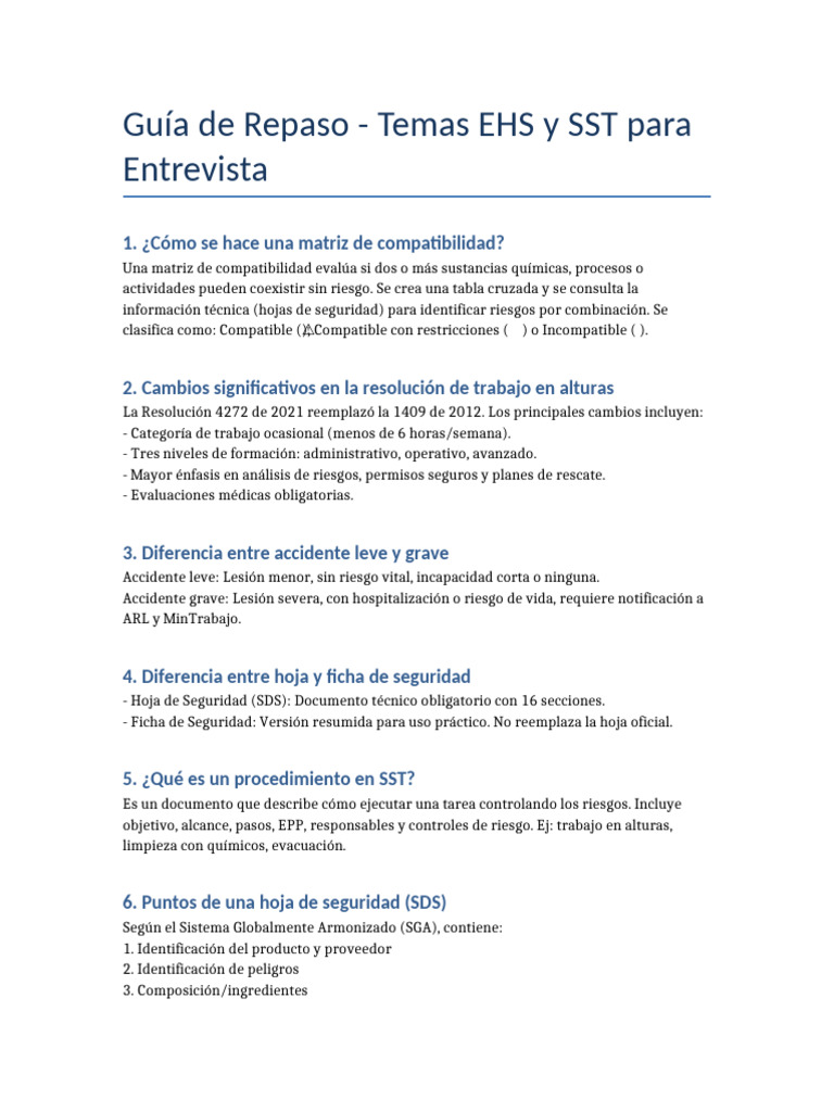 Guia Repaso EHS SST Entrevista | PDF