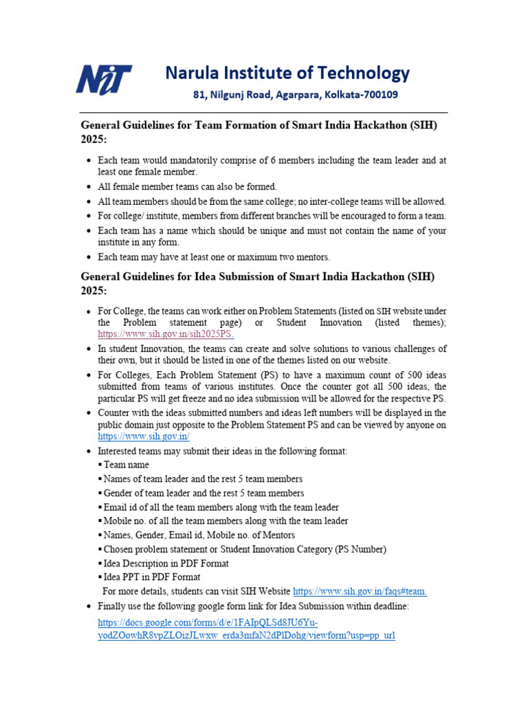 SIH 2025 Team Formation Guidelines | PDF