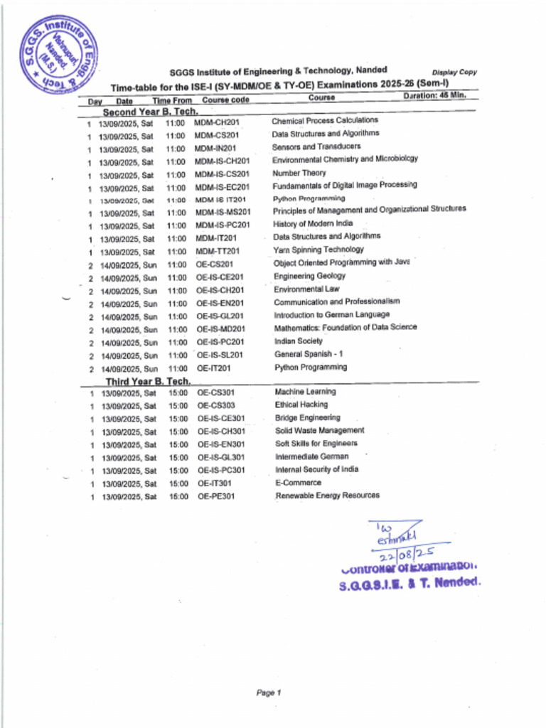 Time Table - ISE I - SY - TY - MDM - OE - 2025 - 26 - Sem I | PDF