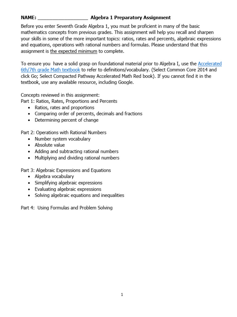 Accelerated Algebra 1 Summer Assignment 2022 | PDF | Multiplication | Ratio