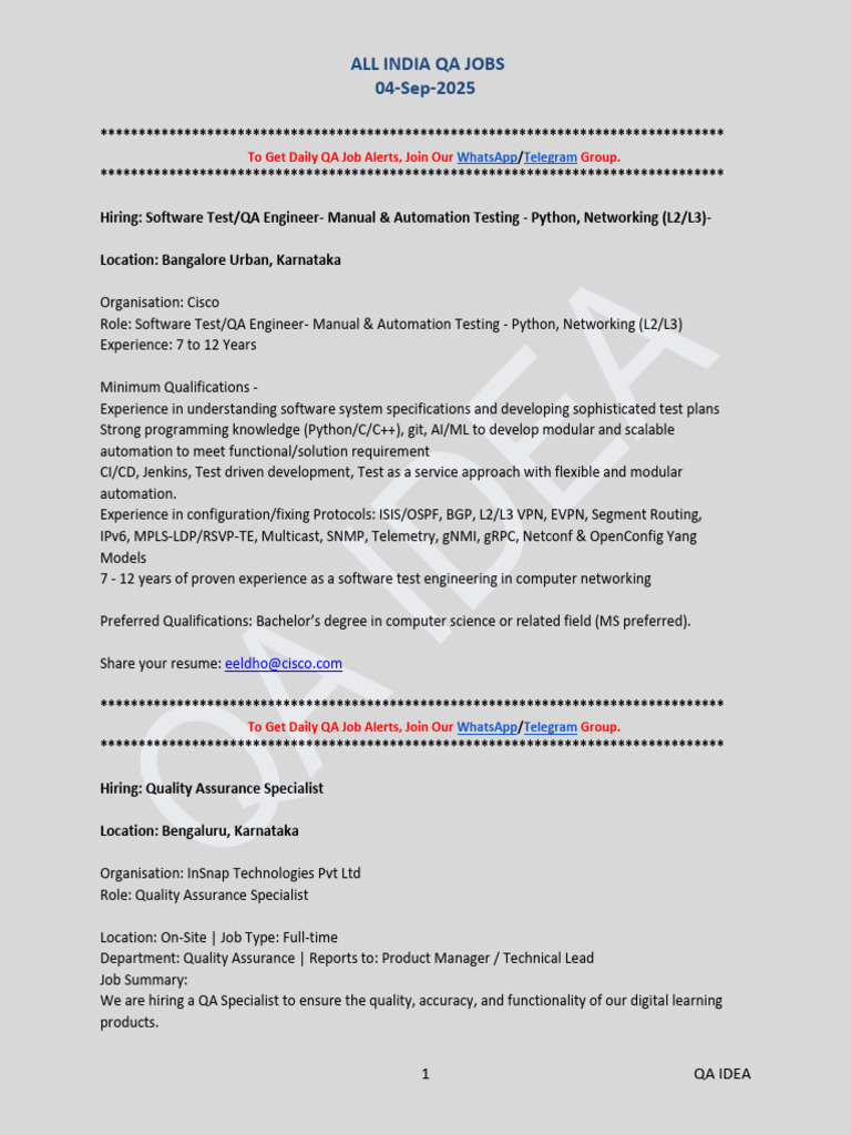 QA Job Openings Across India | PDF | Software Development | Quality ...