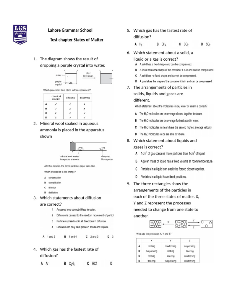 States of Matter Test Questions | PDF | Gases | Liquids